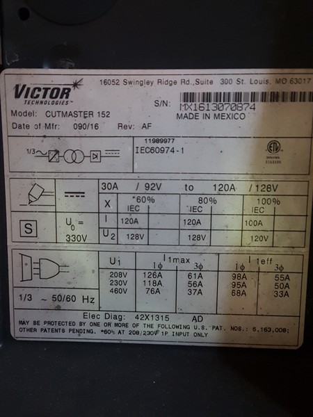 Victor Thermal Dynamics 1-1730-1 Cutmaster 152 Plasma System – Coast ...