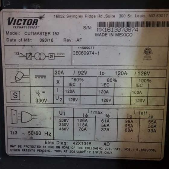 Victor Thermal Dynamics 1-1730-1 Cutmaster 152 Plasma System – Coast ...
