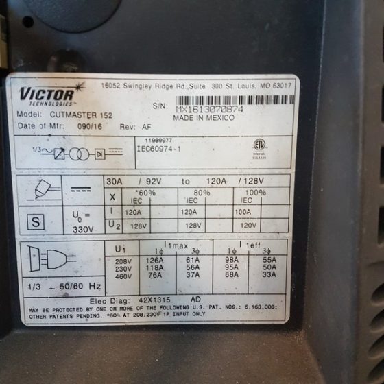 Victor Thermal Dynamics 1-1730-1 Cutmaster 152 Plasma System – Coast ...