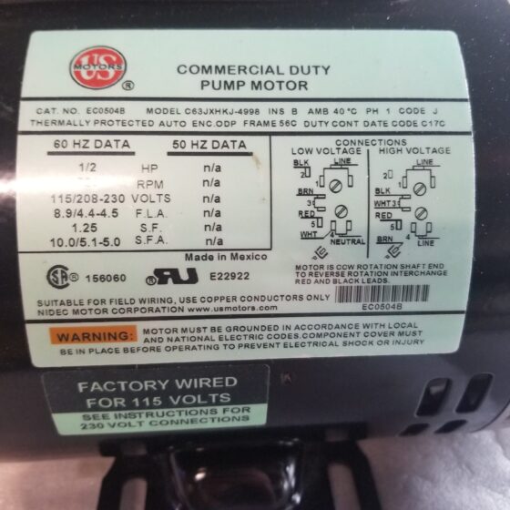 US Motors EC0504B 1/2 HP Commercial Duty Pump Motor – Coast Machinery Group