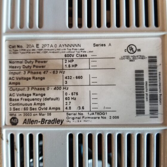 Allen-Bradley 20A E 2P7 A 0 2 HP Power Flex 70 – Coast Machinery Group